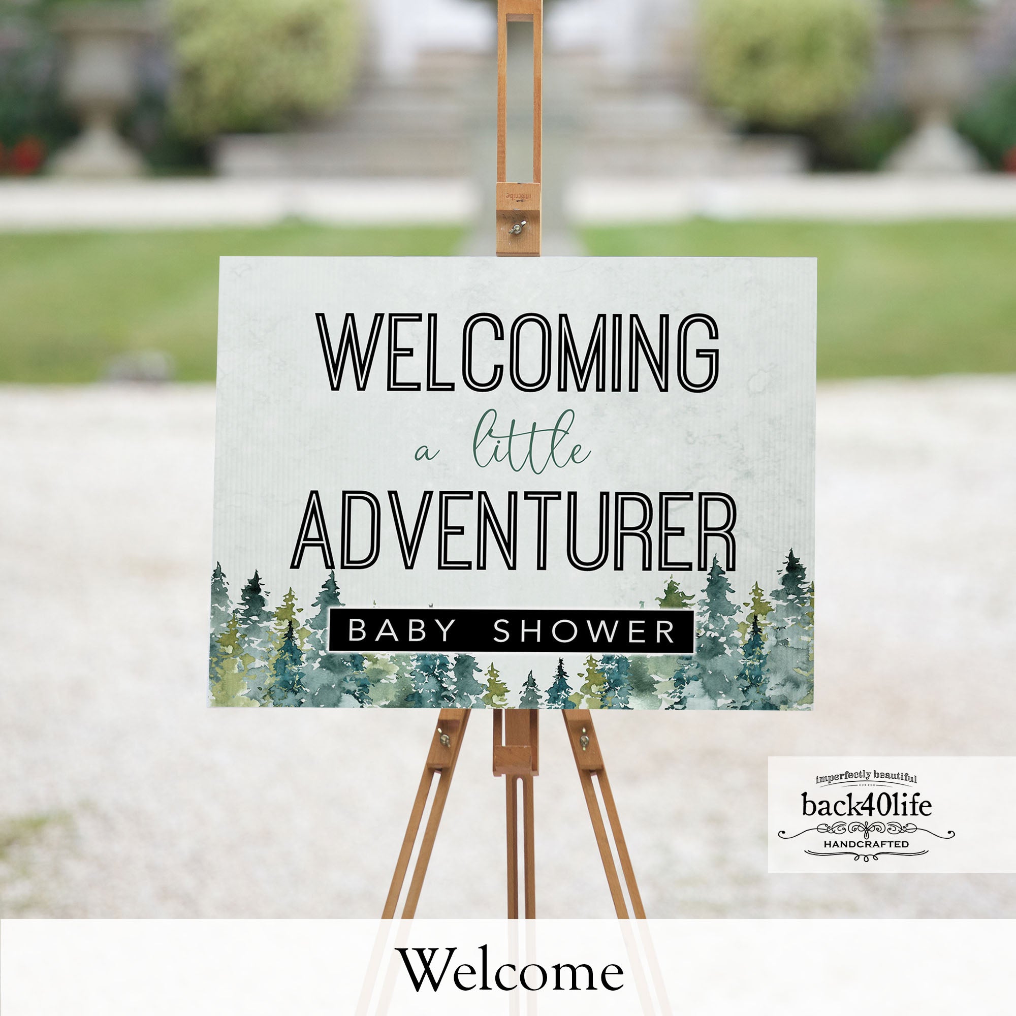 Baby Shower Sign - Little Adventurer Forest Trees - Welcome Directiona ...